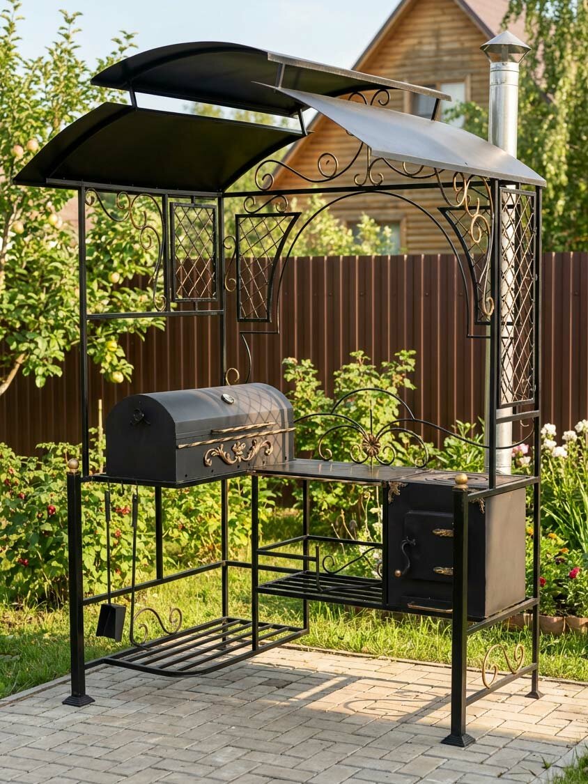 Мангал Элит New с крышкой барбекю и решеткой гриль, жаровня 4 мм, печь 4 мм