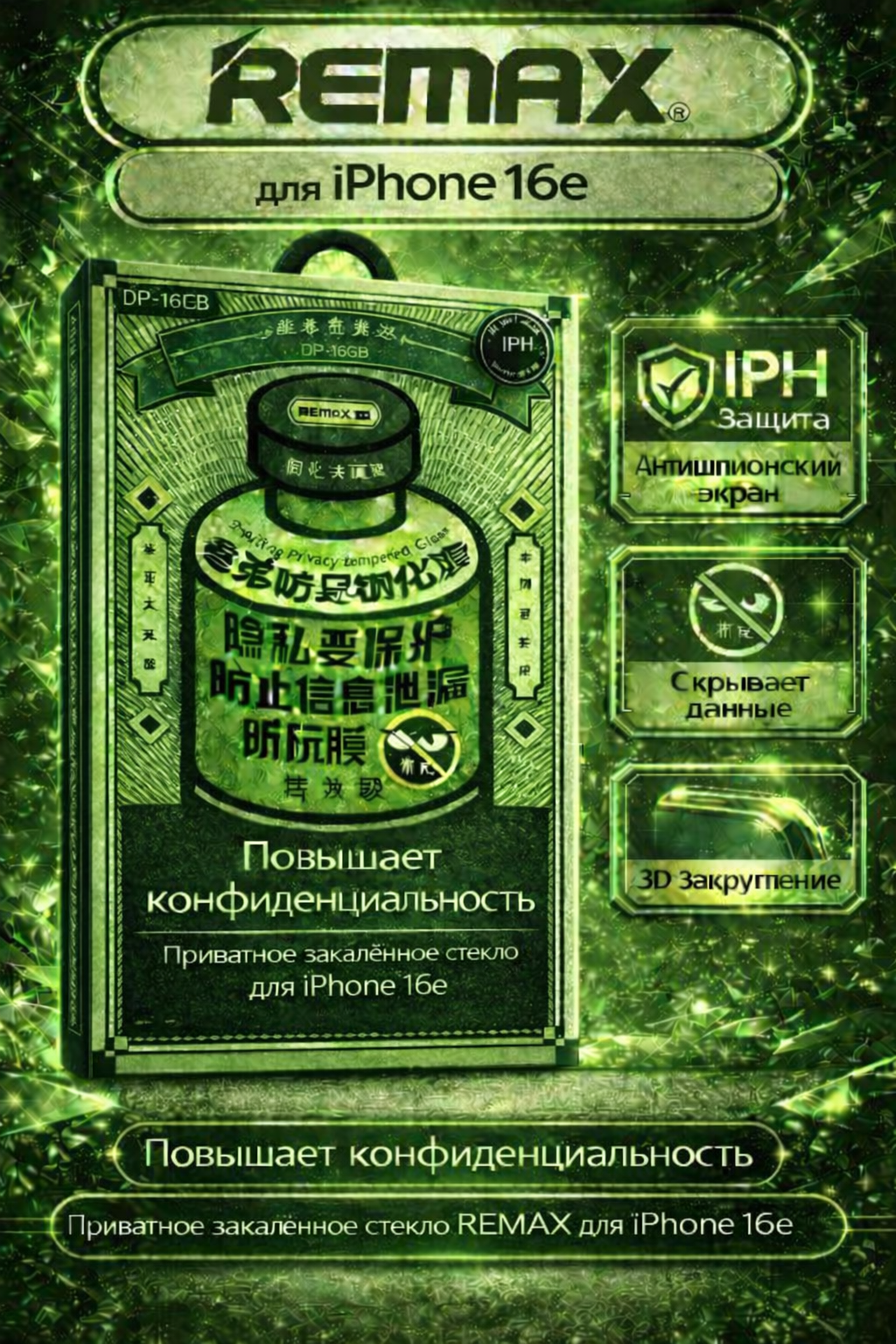 Стекло антишпион для iPhone 16e, REMAX PRIVACY противоударное бронестекло для Айфон 16е