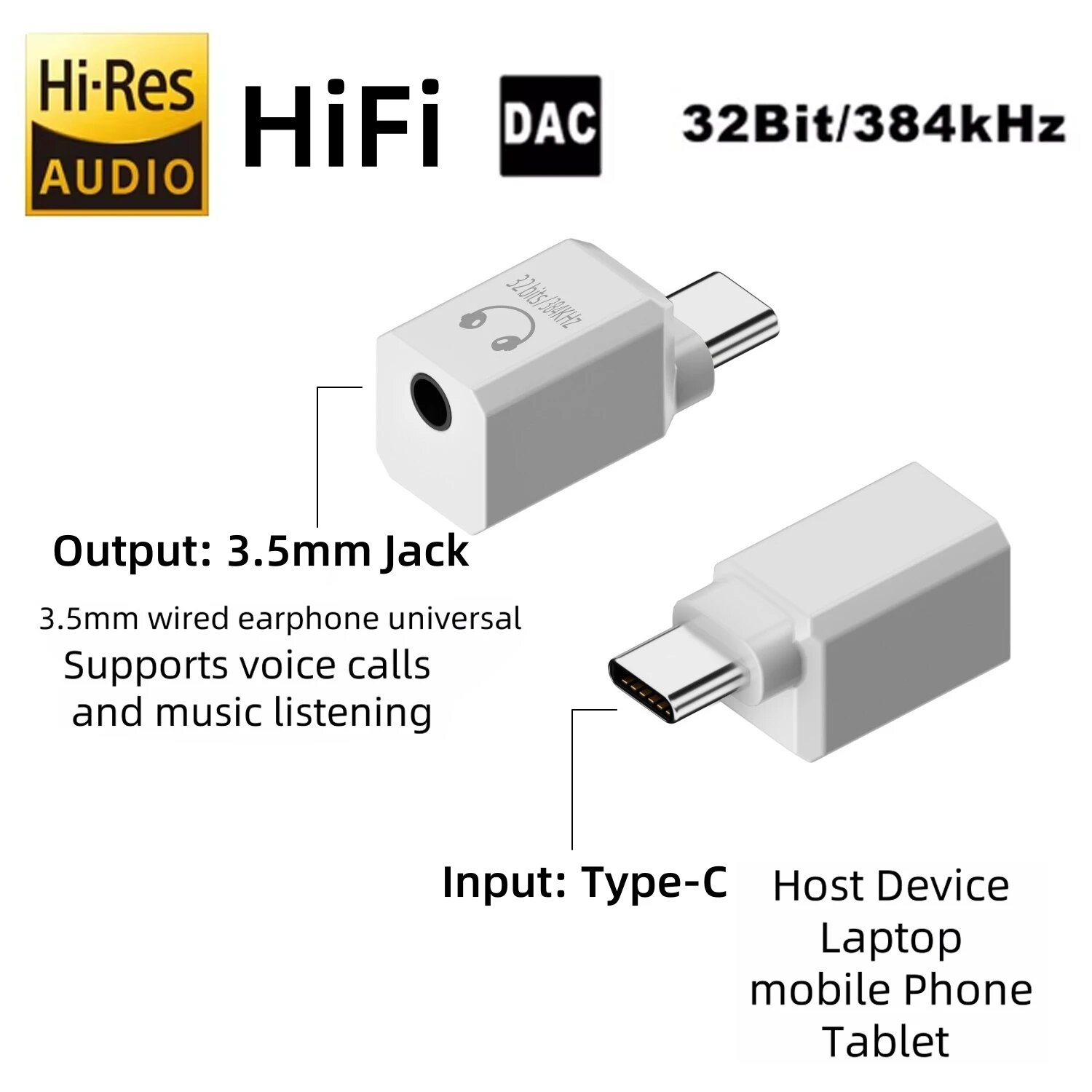 Адаптер USB C на 3.5 мм Hi-Res HiFi DAC White 1PCS