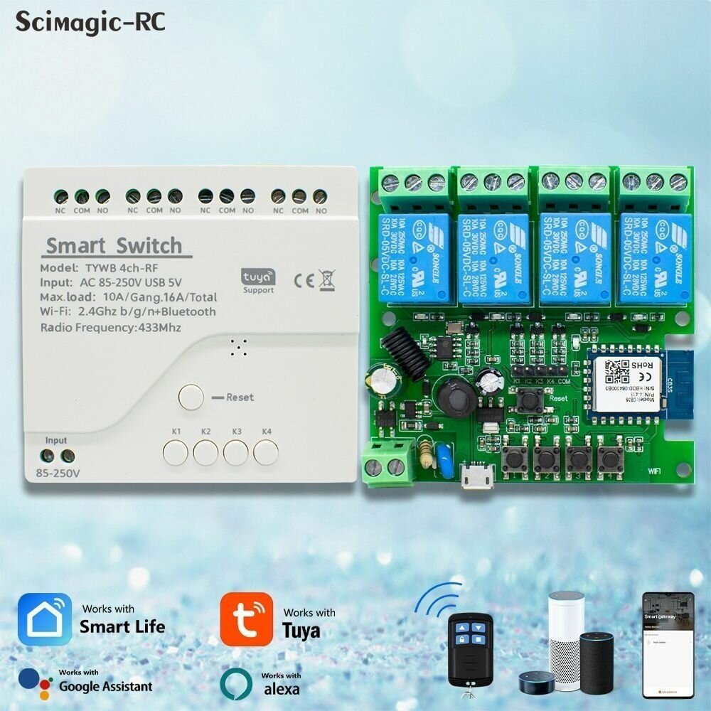 Tuya WiFi AC 85-250V 220V 4 канала RF 433 пульт дистанционного управления Модуль управления прибором Работа с Alexa Google Home