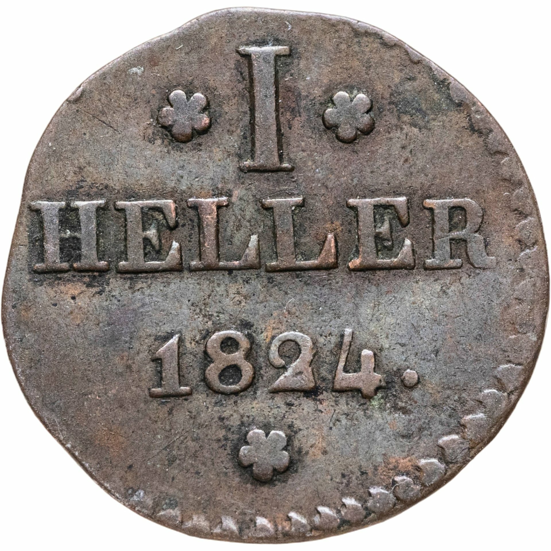 Германия, Франкфурт 1 геллер 1824, Медь, в сохранности VF-XF