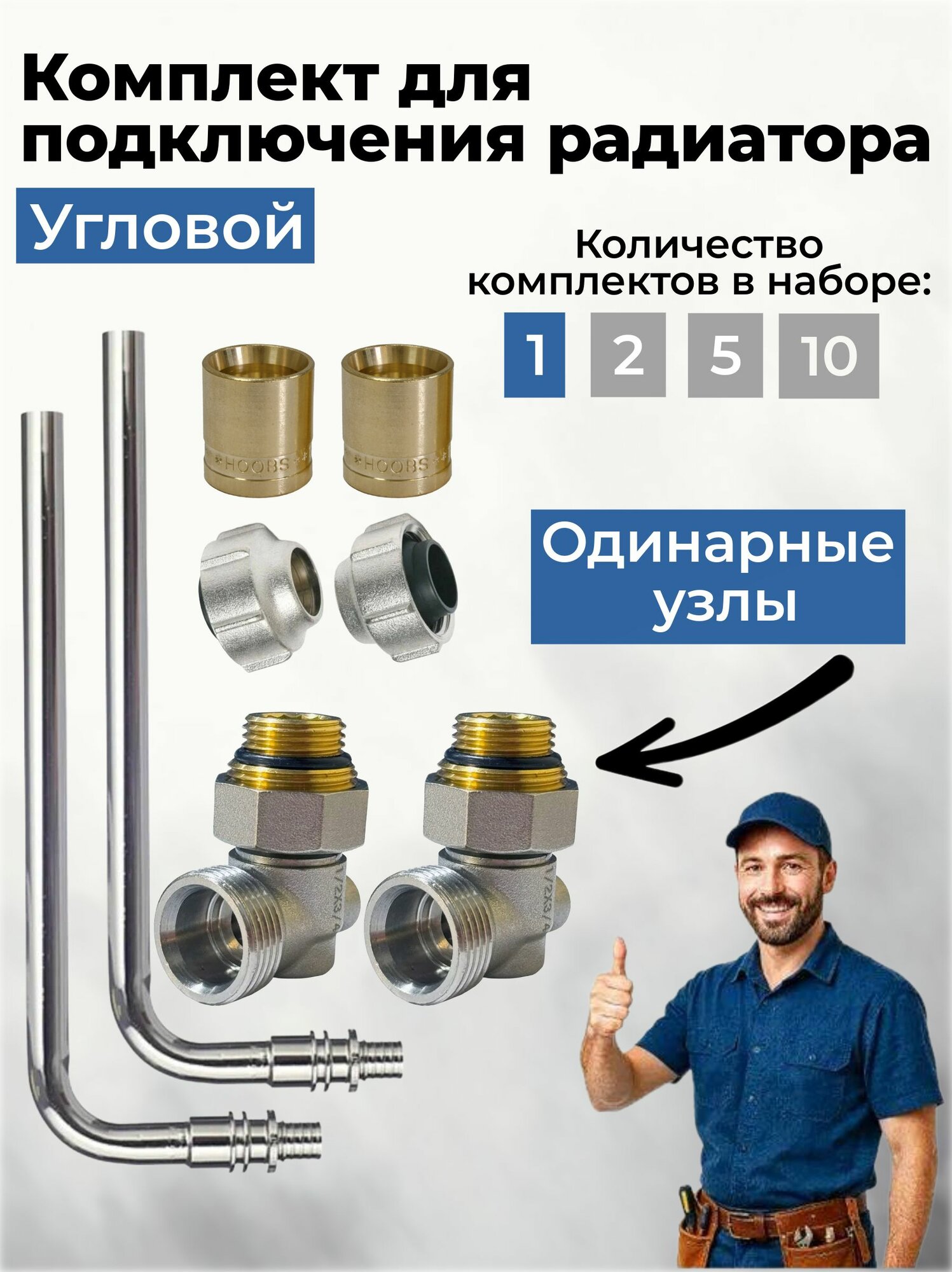 Трубка для подключения радиатора Г-образная 16/250 мм, Узел нижнего подключения радиатора, раздельный, угловой, 3/4"х1/2", евроконусами G3/4"- 15*1, гильзами 16 мм. 1 набор