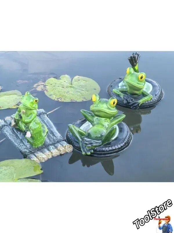 Садовая фигурка Лягушка на плавательном круге, водоплавающая, зеленый декор для пруда — фото 1