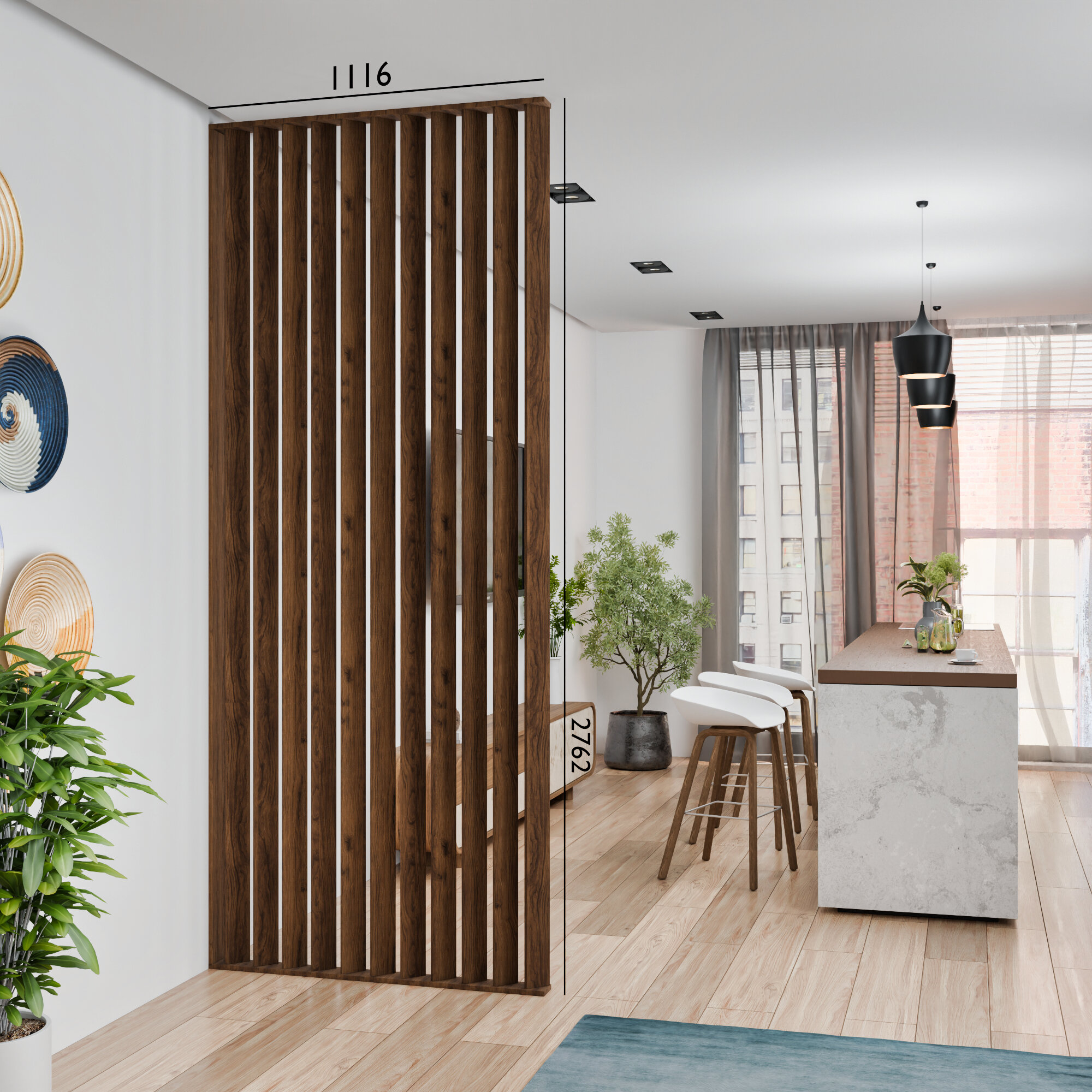 Реечная перегородка 1116 мм для зонирования салона, офиса, цвет Дуб Катания