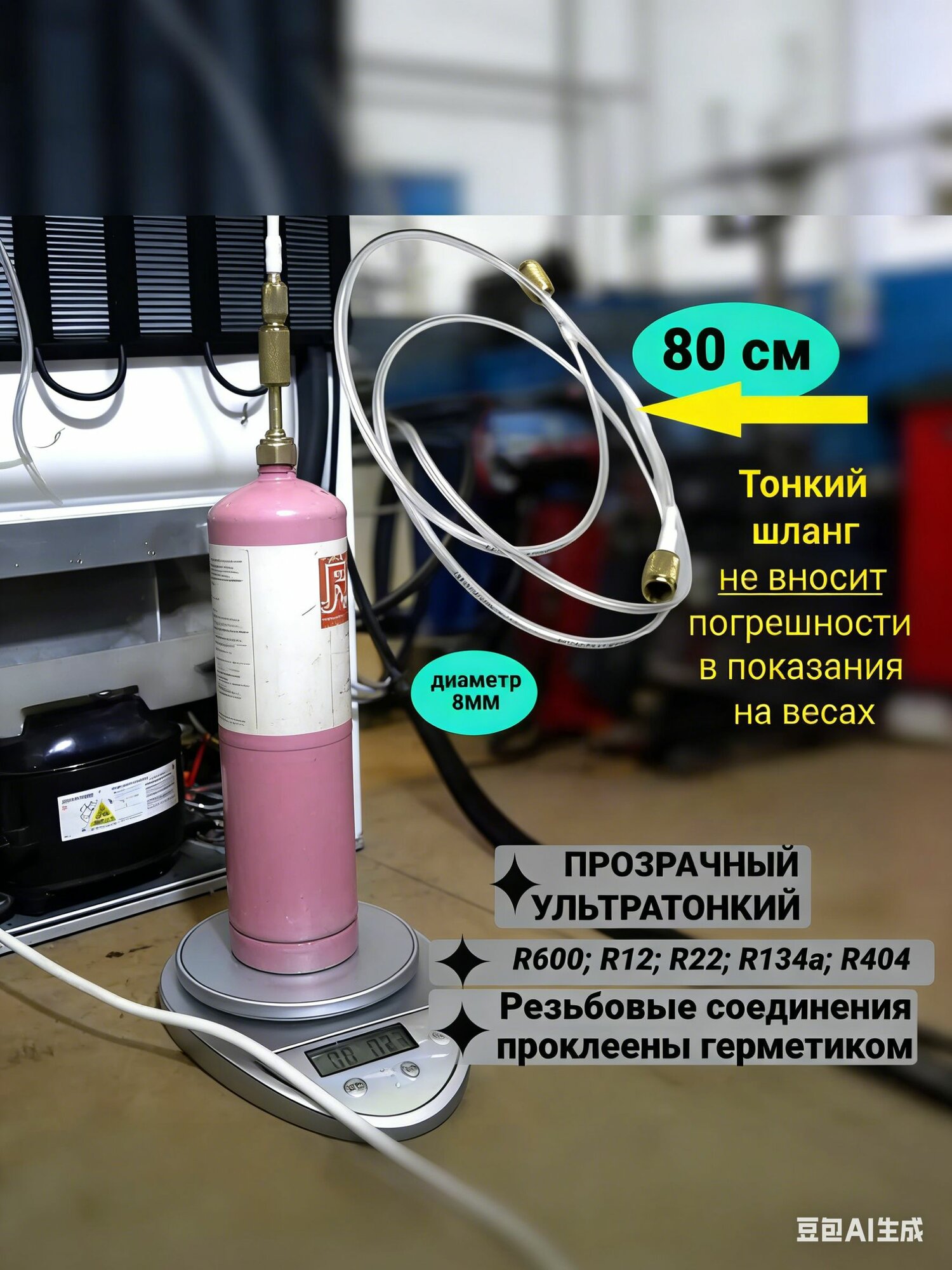 Шланг тонкий для точной заправки холодильников и кондиционеров фреоном; 80 см; 8 мм; для R600; R12; R22; R134а; R404; прозрачный; полиуретановый
