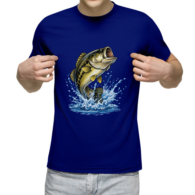 Мужская футболка «Рыба выпрыгивает из воды» (синий, 2XL)