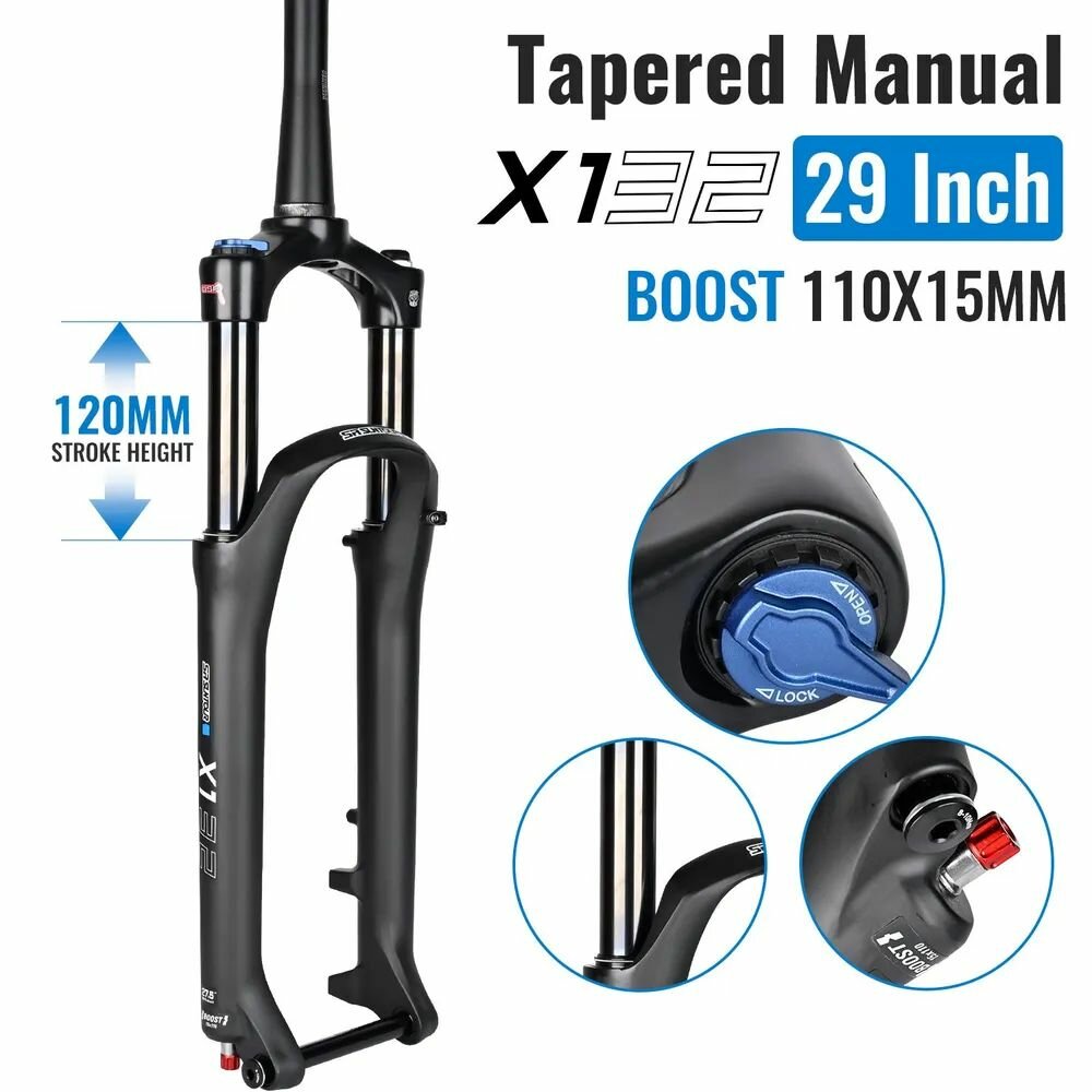 SR SUNTOUR XCM BOOST (Предыдущий X1 BOOST) Горная амортизационная вилка, ход 120мм 15*110MM-29"-Конический-С регулировкой демпфирования-Блокировка плеча-Воздушная вилка - бочковый вал