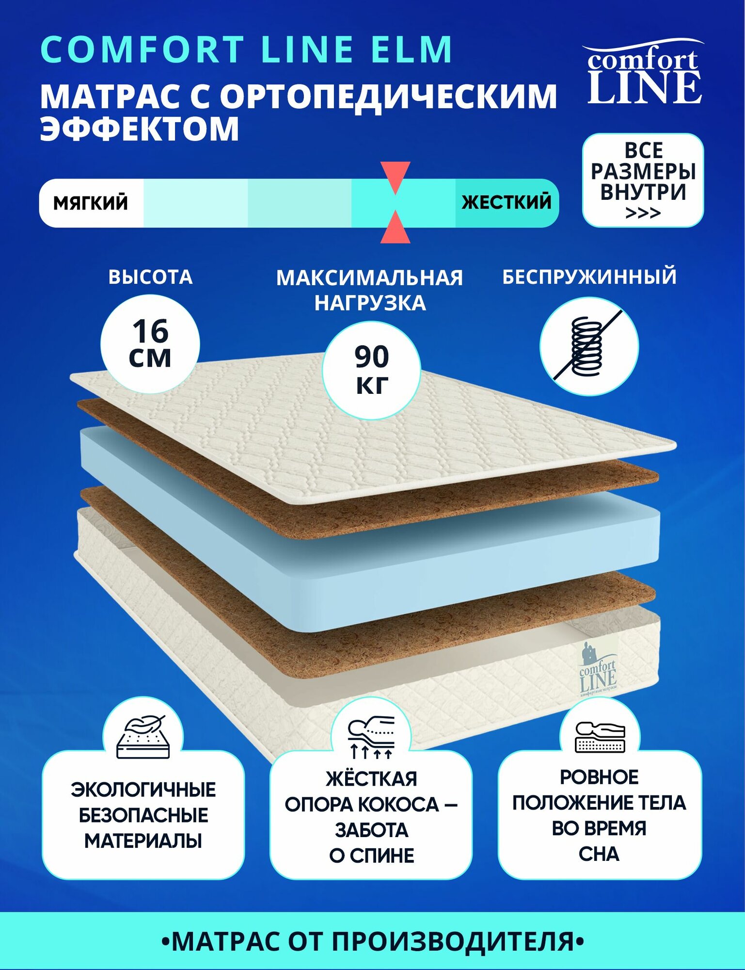 Матрас Comfort Line Elm 75х180 серии Lux высота 16 см анатомический средней жесткости кокосовый Беспружинный