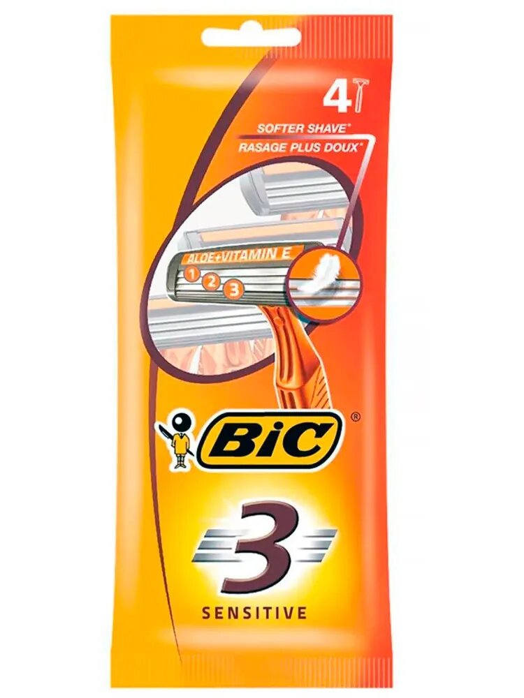 Bic Бритвы одноразовые 3 SENSITIVE (4 станка), 3 лезвия, увл. полоска, для чувств. кожи