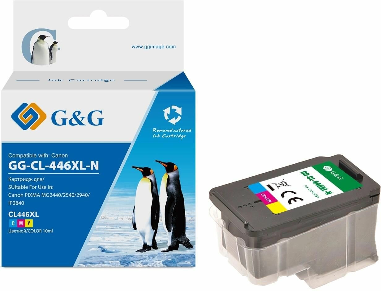 Картридж струйный G&G CL-446 голубой, пурпурный, желтый, 15мл для Canon PIXMA MX494; MG2440 2545S 2940 2540 2540S 3040; iP2840; TS204 304 3140 3340; TR4540 (GG-CL-446XL-N)