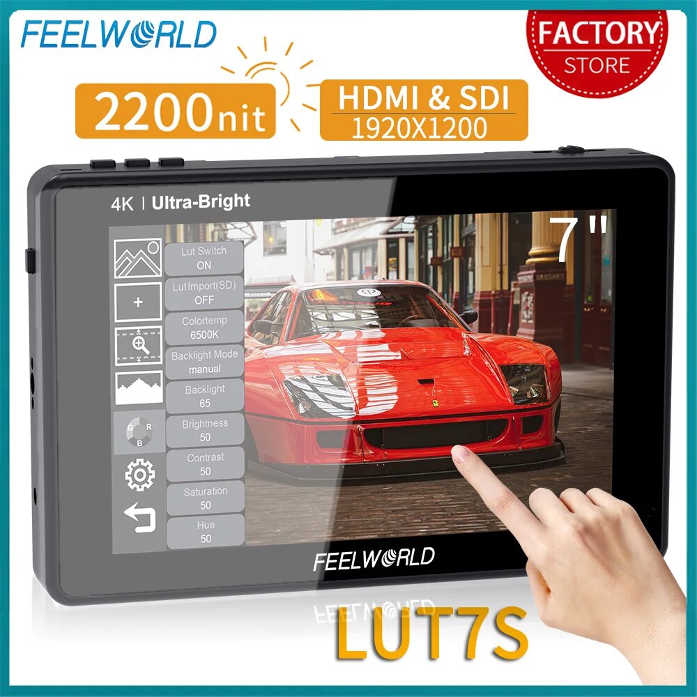 FEELWORLD LUT7S 7-дюймовый 2200nit SDI HDMI сенсорный экран DSLR камера полевой монитор 3D Lut сигнальная форма автоматический датчик света 1920x1200