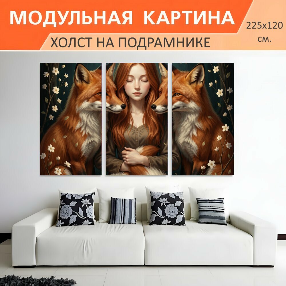 Модульная картина на холсте "Девушка с двумя лисами в лесу. Сказочная цифровая иллюстрация: рыжеволосая девушка с закрытыми глазами в." триптих на подрамнике 225х120 см. для интерьера