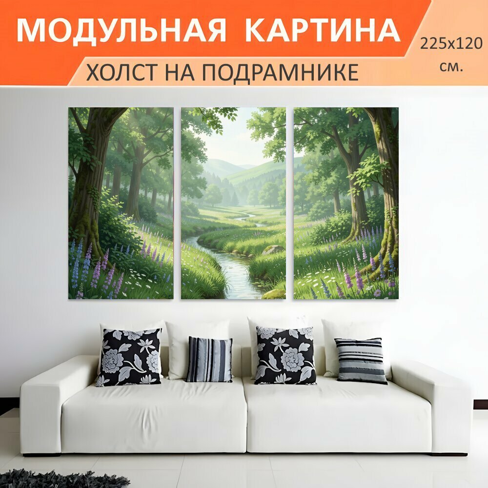 Модульная картина на холсте "Лесная долина с ручьем. Светлая идиллическая природа: густые деревья, извилистый поток, зеленые холмы и." триптих на подрамнике 225х120 см. для интерьера