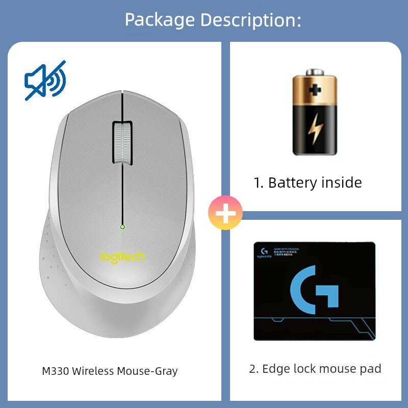 Logitech M330 Серая беспроводная мышь с легким шумом и ковриком, USB, компактная для ноутбука, офиса и игр