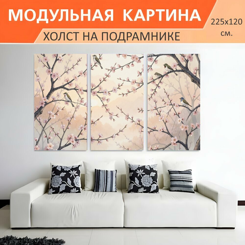 Модульная картина на холсте "Цветущие ветви с птицами. Нежная весенняя композиция с цветущими деревьями, мелкими розовыми лепестками." триптих на подрамнике 225х120 см. для интерьера