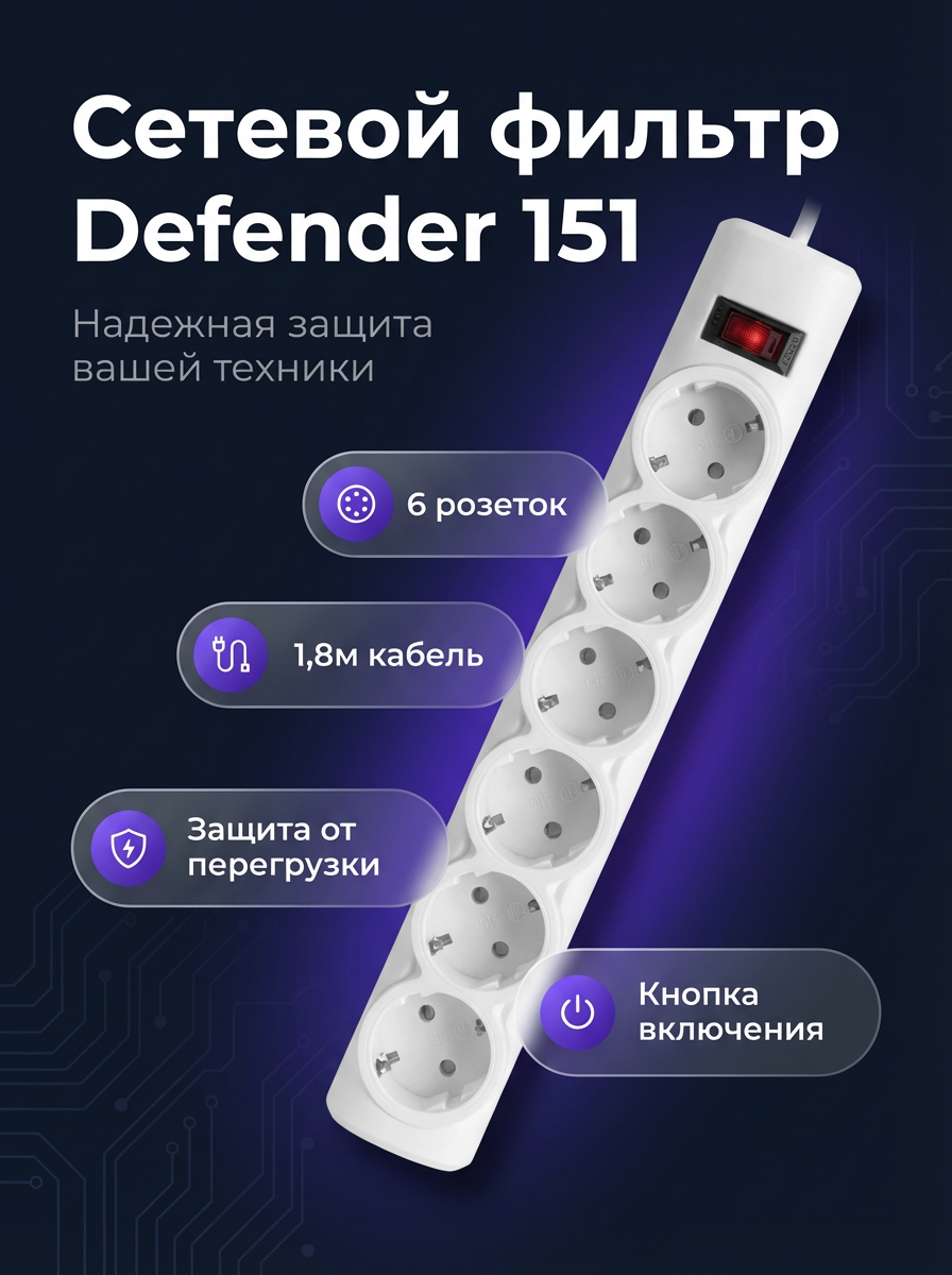 1,8м Defender DFS 151 ( 6 розеток )