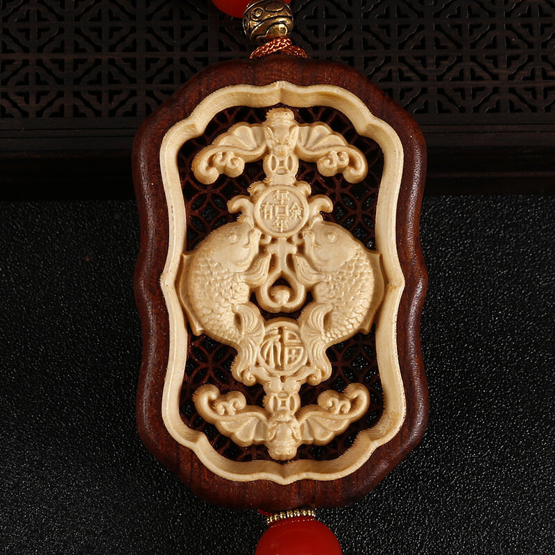 Подвеска для автомобиля из персикового дерева и самшита, деревянный подарок, изысканно вырезанное украшение для зеркала заднего вида, декоративный элемент для салона автомобиля.