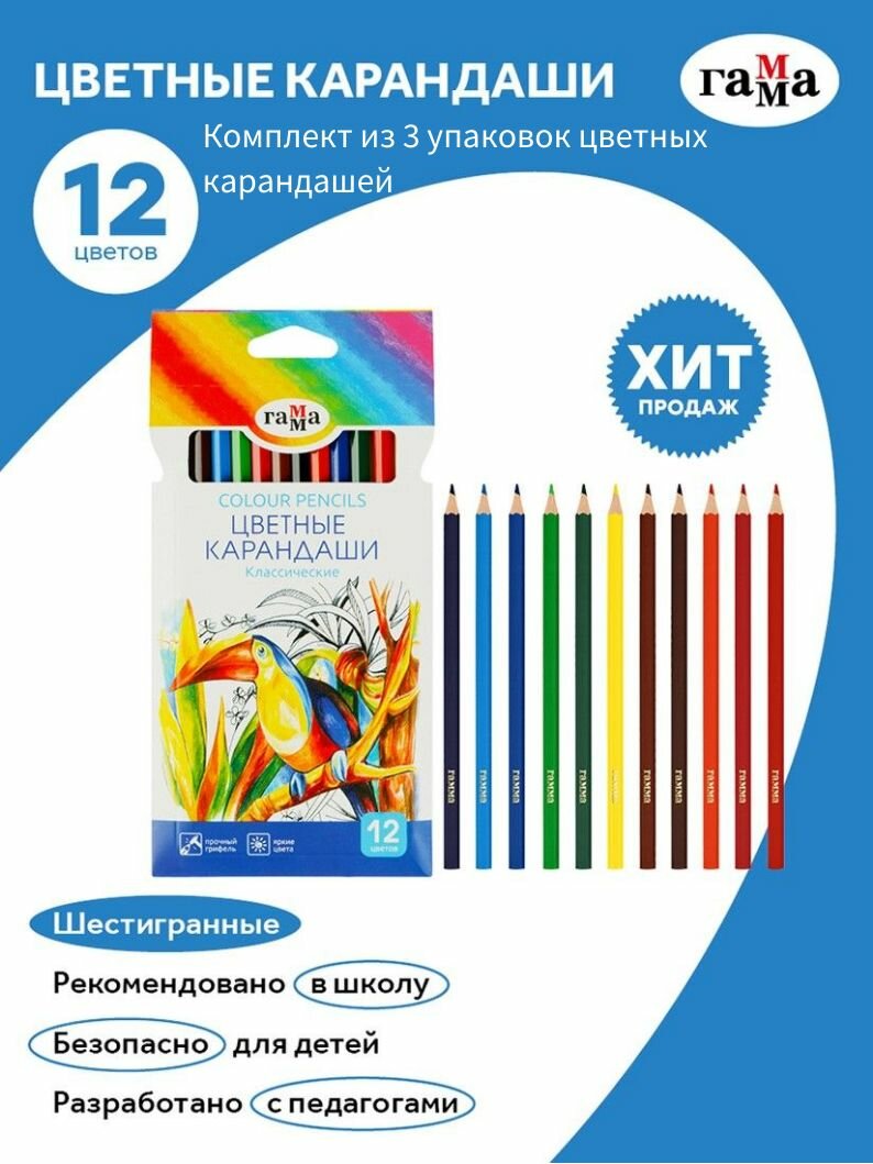 3 упаковки карандашей 12цв. Гамма "Классические" 050918 02 02