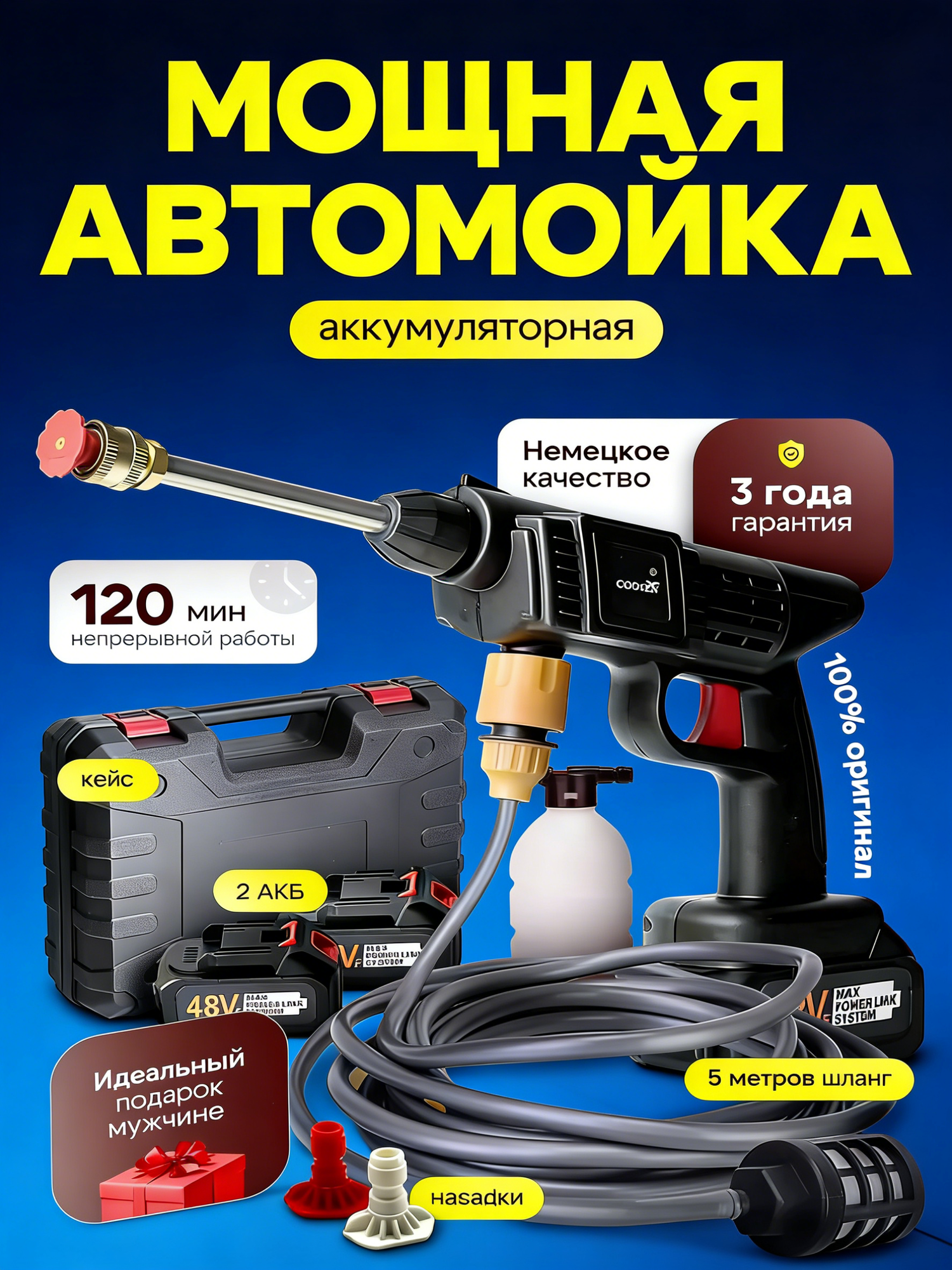 Мойка высокого давления, 1000Вт, портативная, аккумуляторная, с фильтром, в кейсе