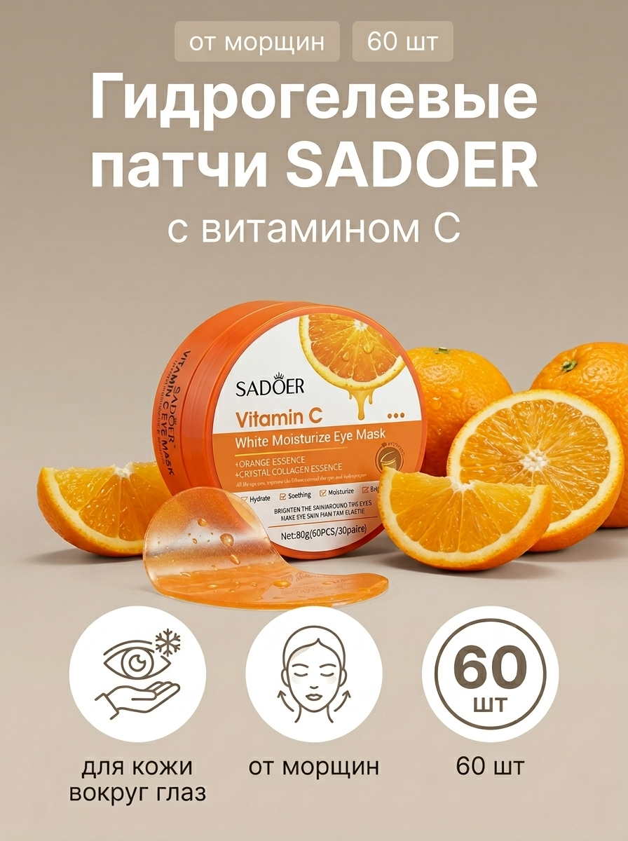 Гидрогелевые патчи SADOER, для кожи вокруг глаз, с витамином C, от морщин, 60 шт