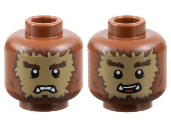 Деталь Lego 3626pb3458 Minifigure, Head Dual Sided Alien Dark Brown Bushy Eyebrows and Fur, Dark Tan Face, Lower Fangs, Scowl / Open Mouth Smile with Top Teeth and Red Tongue Pattern