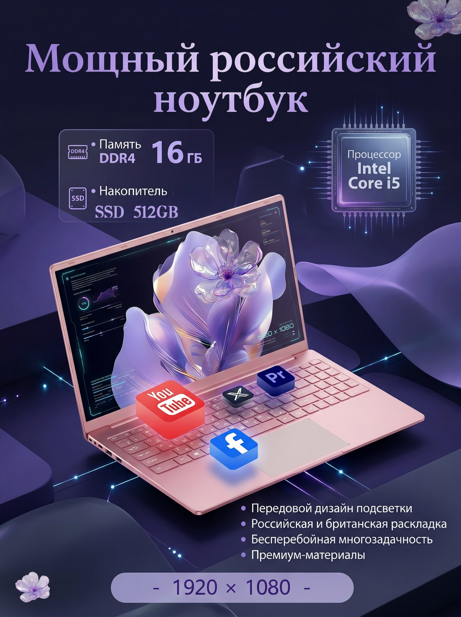 Ноутбук игровой Intel Core i5 - 15,6-дюймовый SSD 512GB, Intel UHD, Windows PRO, 16GB RAM Глубокий розовый