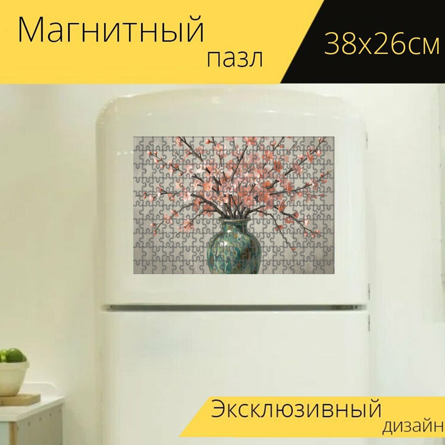 Магнитный пазл "Сакура в керамической вазе. Нежная цветочная композиция с ветвями японской вишни и розовыми бутонами в расписной керамике. Пастельная." для интерьера, 38х26 см.