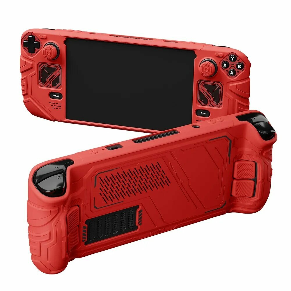 PlayVital Силиконовый Чехол Mecha для Steam Deck OLED/LCD, Противоскользящий Ударопрочный Кейс с Улучшенными Кнопками и Накладками на Стики, Красный