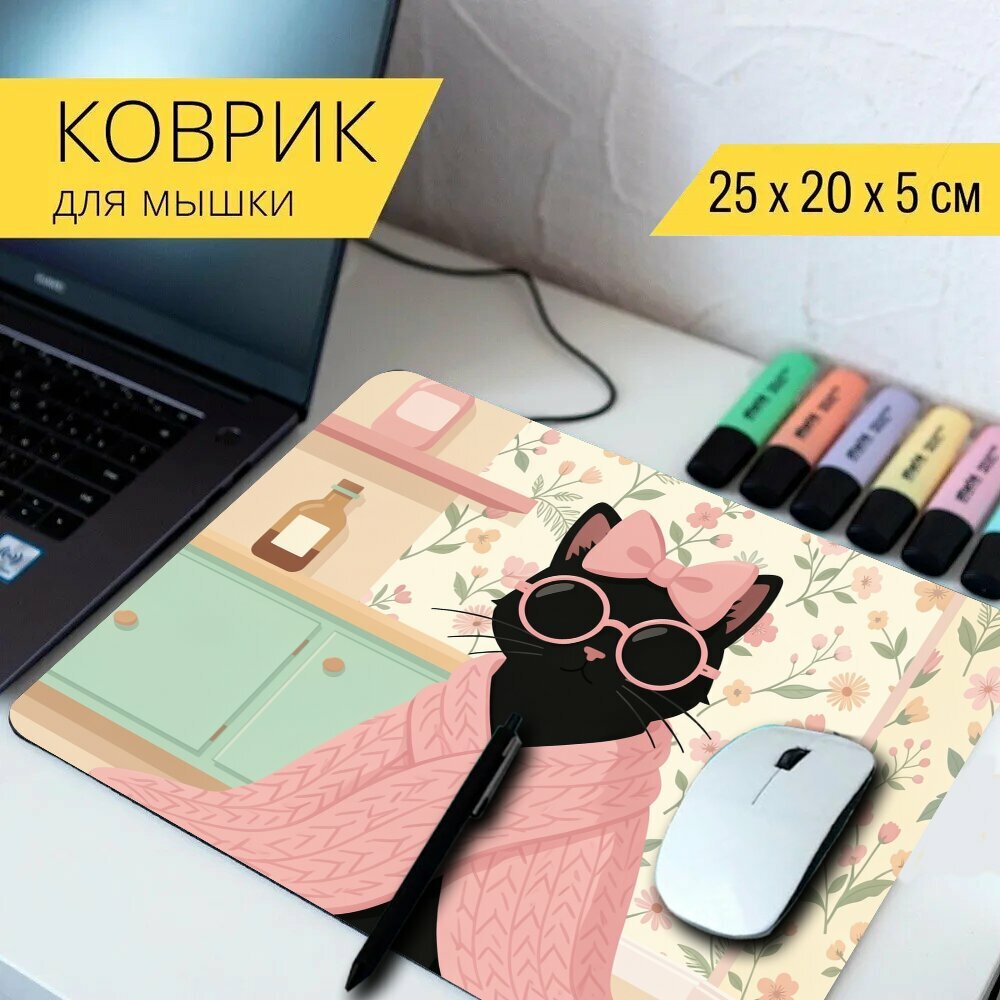 Коврик для мыши с принтом "Черная кошка в розовом пледе. Милая иллюстрация с домашним питомцем в круглых солнечных очках и банте на фоне цветочных обоев. Пастельные." 25x20см.