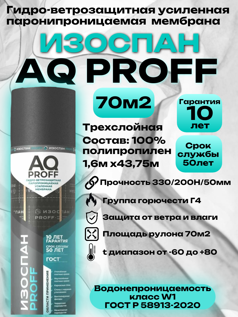 Изоспан AQ proff (188), гидро-ветрозащитная паропроницаемая усиленная мембрана, 70м2