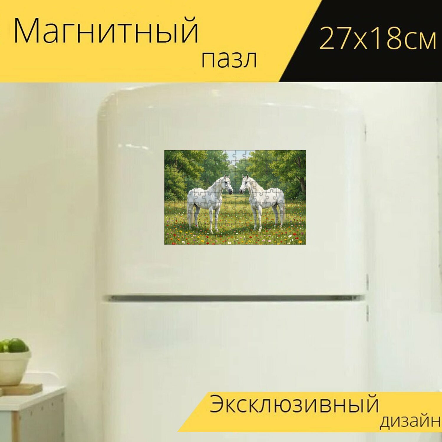 Магнитный пазл "Две белые лошади на лугу. Изящные кони среди цветущей поляны и зеленого леса, живописная иллюстрация в мягких светлых тонах. Летняя." на холодильник 27 x 18 см.