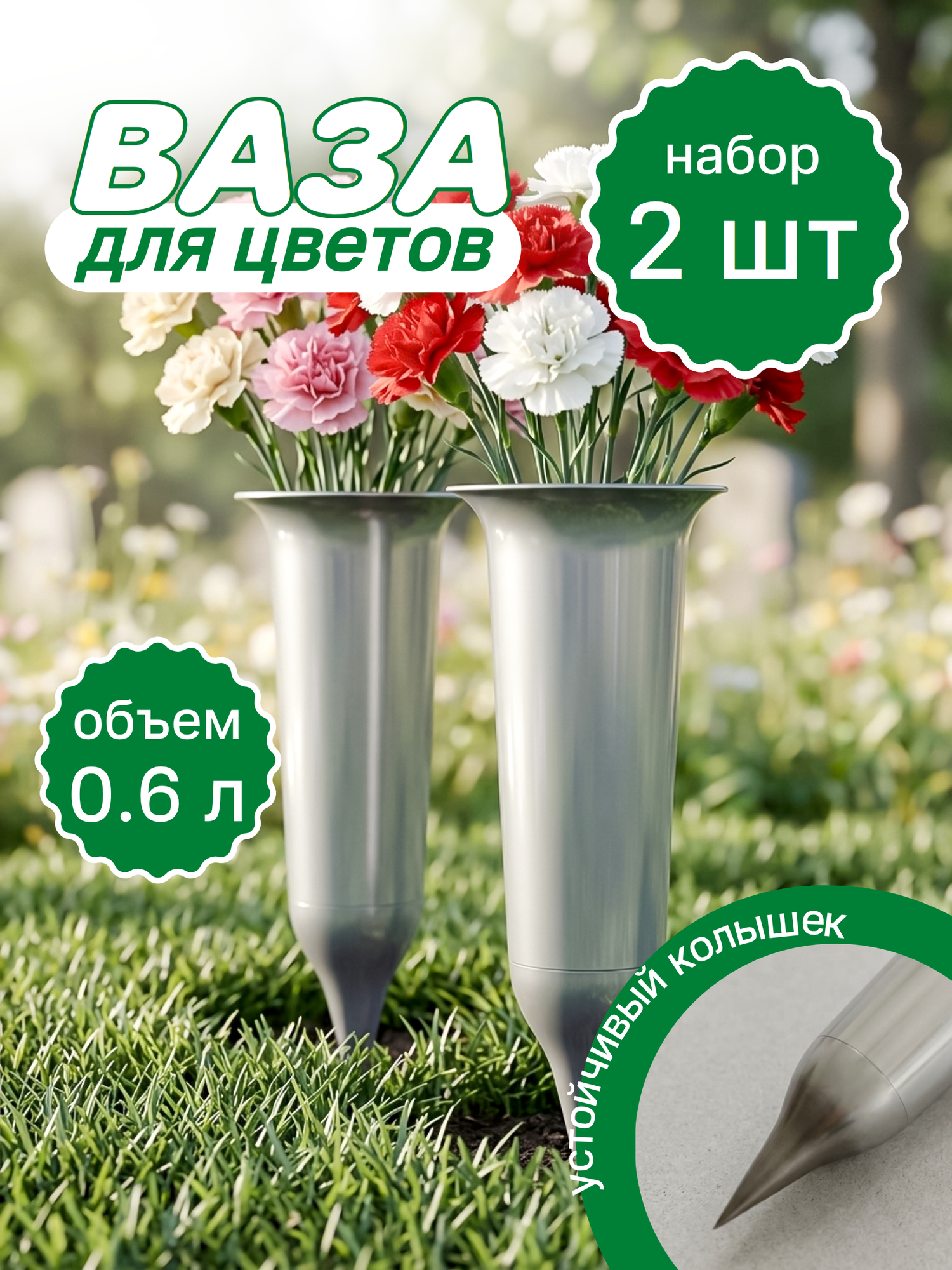 Ваза пластиковая с колышком для цветов, высота 26 см, прямая, цвет серый