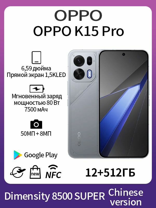 Смартфон OPPO K15 Pro 5G 12/512 Серый, 7500mAh, 80W Fast Charge, 6.8" AMOLED 120Hz, NFC, CN Version
