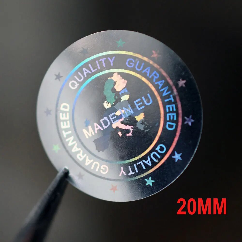 Голографические наклейки "Made in EU", серебро 20 мм
