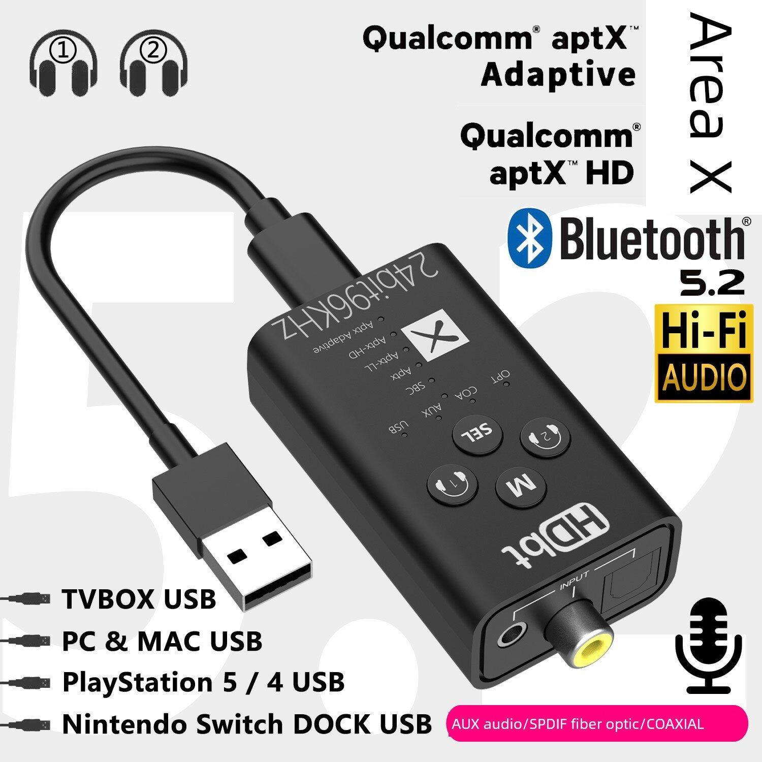 B52Pro+ 24BIT Bluetooth 5.2 аудио передатчик с Adaptive HDLL, поддерживает 1 к 2 устройствам, коаксиальный оптический