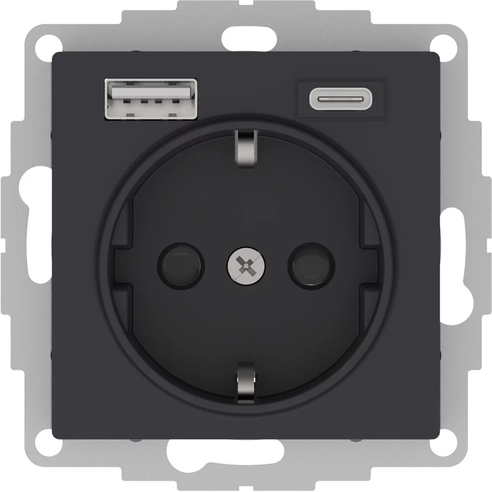 Розетка Systeme Electric AtlasDesign 16А с 2 USB A+C, 5В/2,4А/3А, 2х5В/1,5А, механизм, Карбон