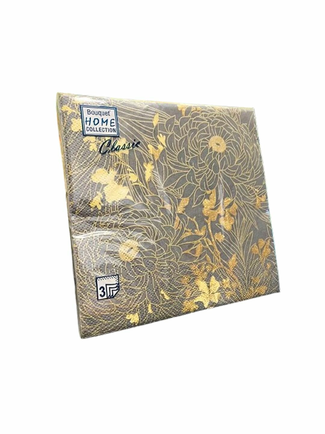 Салфетки бумажные трехслойные "Art Bouquet Home Collection" Золотые цветы Gray, 33х33 см, в пачке 20 штук