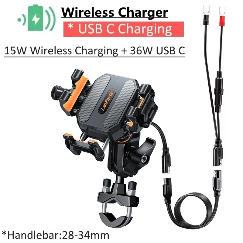 Держатель телефона на мотоцикл с беспроводной зарядкой 15W и USB-C 36W, Charging C