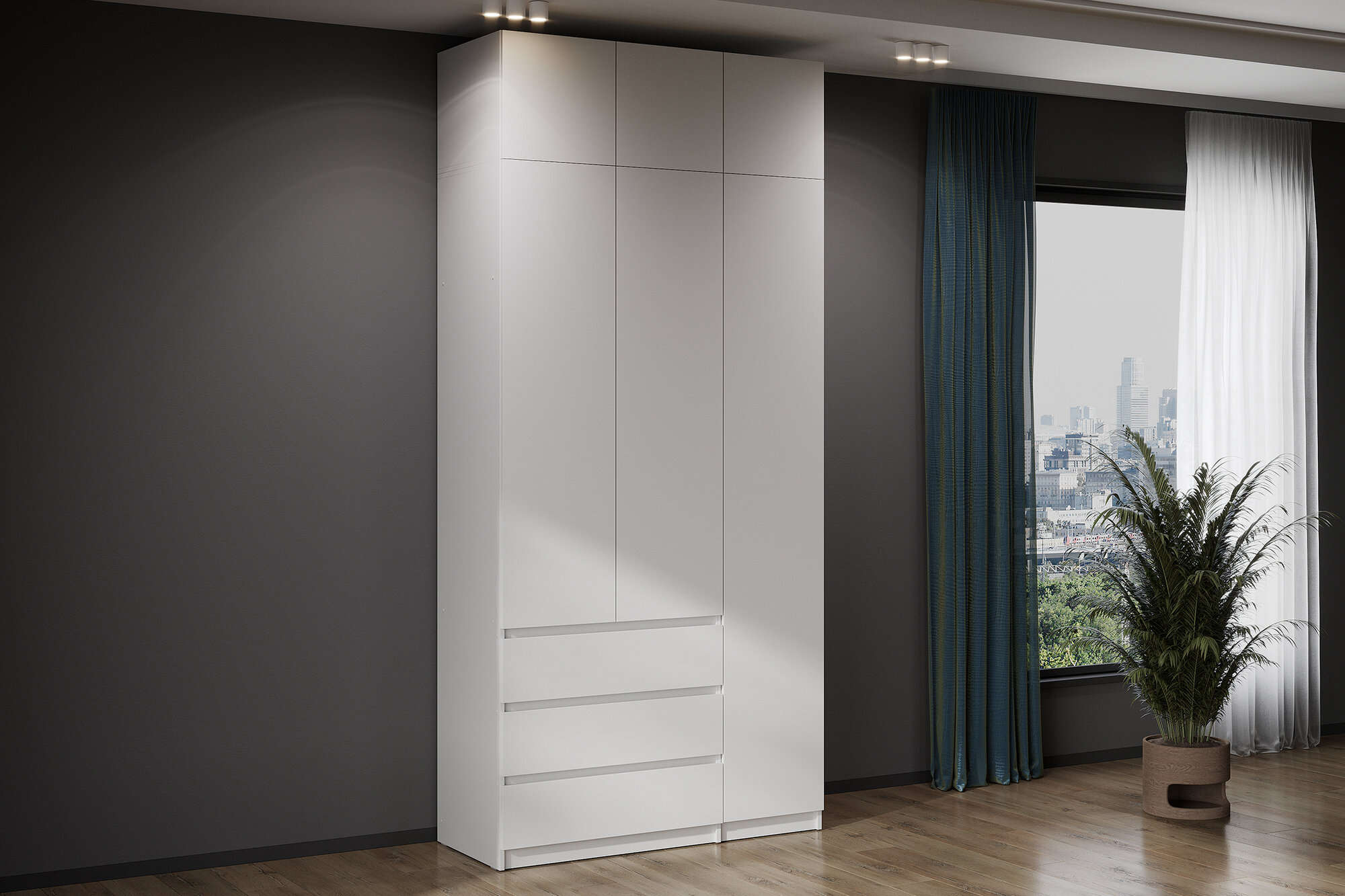 Шкаф для одежды Нонтон Грандис, 120x50x260 см, с антресолью, 3 ящика, белый