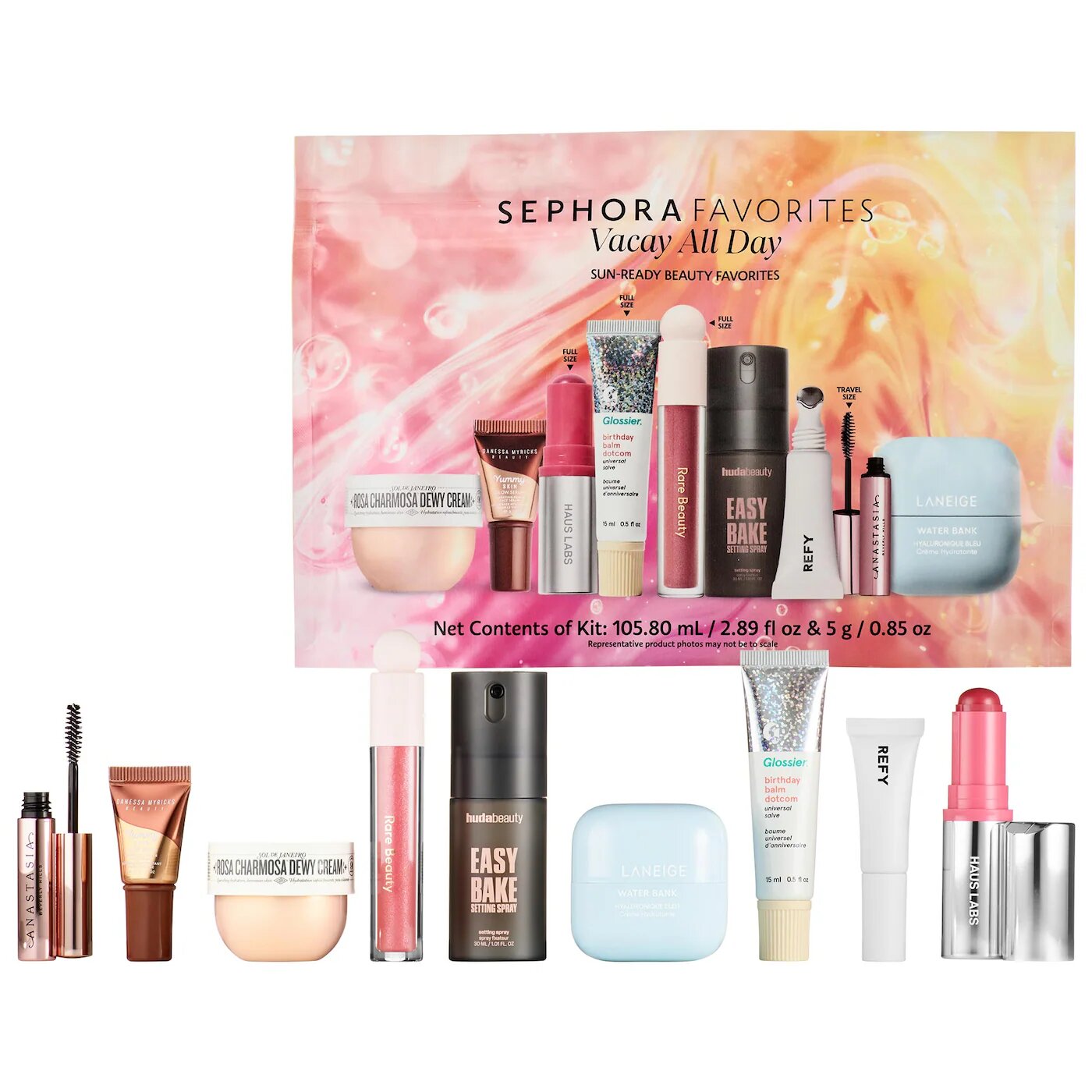 Набор косметики Sephora Favorites Vacay All Day Sun-Ready Beauty Favorites - Makeup and Skincare Value Set, 9 предметов