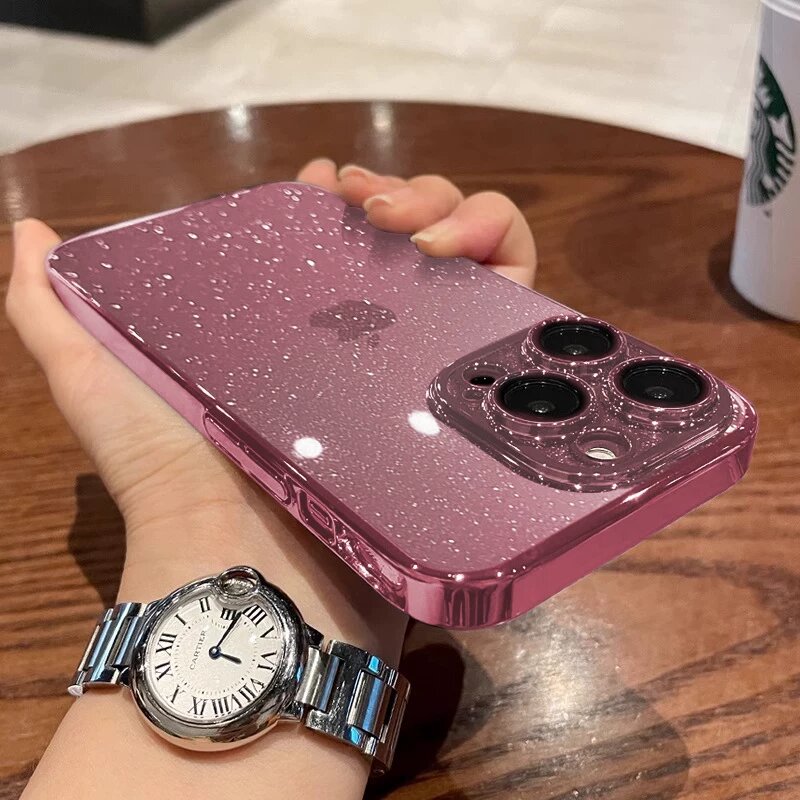Чехол для iPhone 15 Pro Max с розово-розовым галактическим блеском, встроенным защитным покрытием для объектива, без