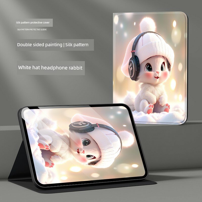 Чехол для iPad Air 2024 13-дюймов, белая шапочка, дизайн кролика с наушниками, в комплекте закаленное стекло