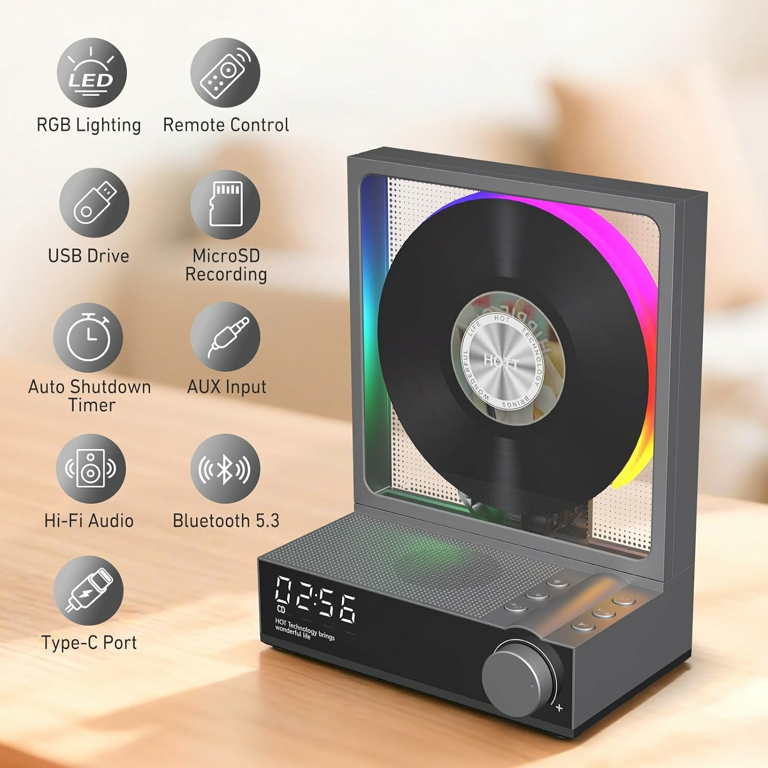 Портативный CD-проигрыватель HOTT C229 с поддержкой TF-карт и двусторонним Bluetooth, черное