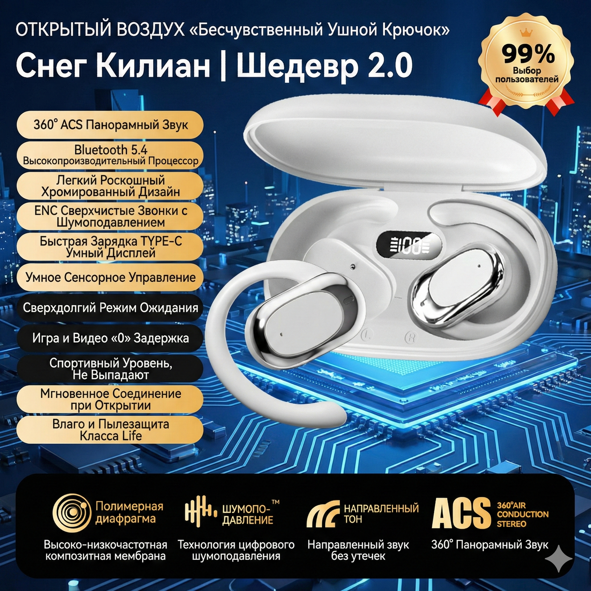 Наушники TWS Pro, беспроводные, с ANC, с затылочной дужкой, Bluetooth 5.4