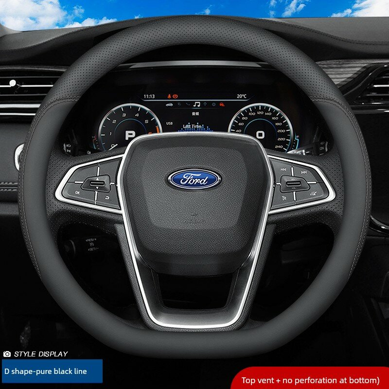 Кожаная накладка на рулевое колесо для Ford без логотипа, D-форма, черная строчка, вентиляционные отверстия сверху -