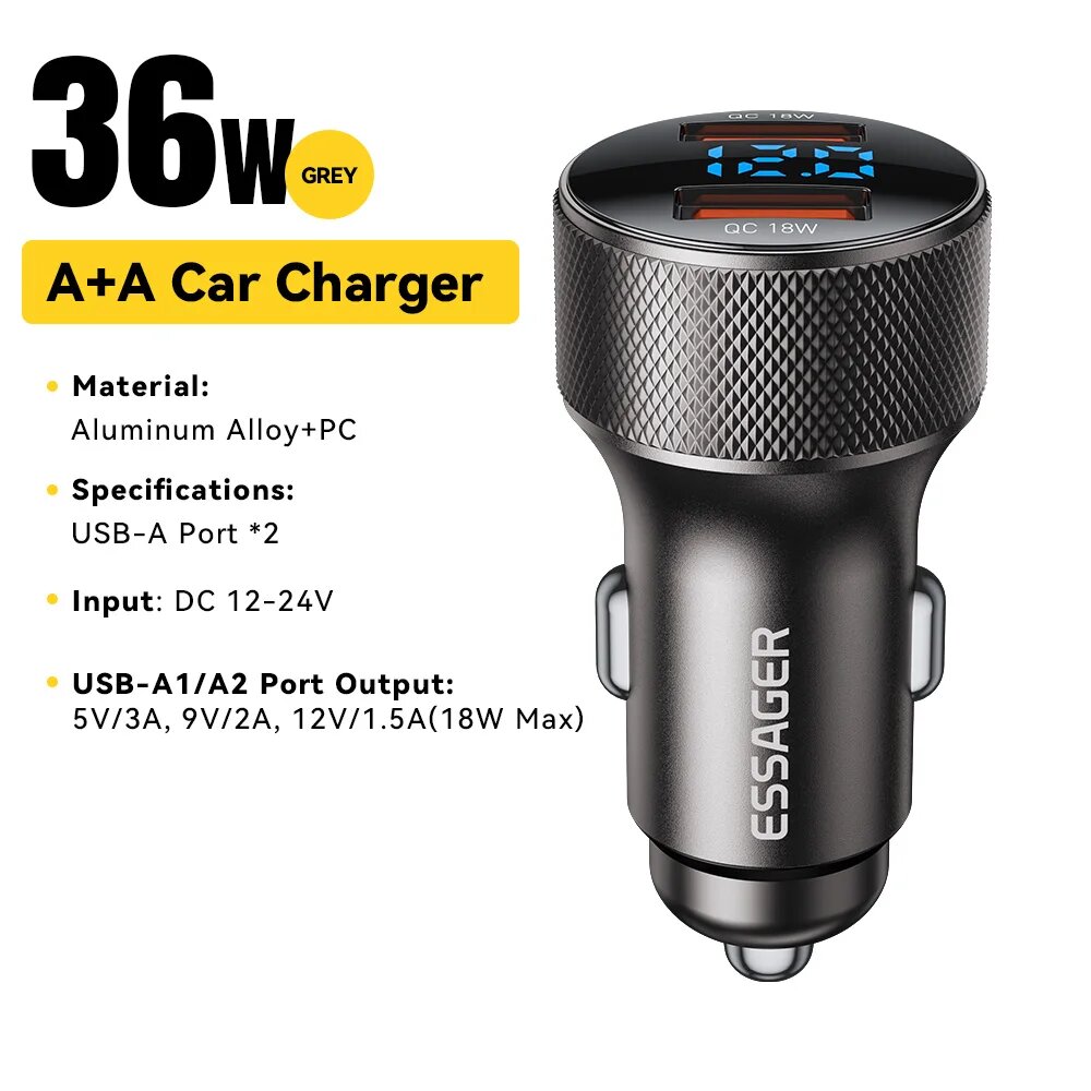 Автомобильное зарядное устройство Essager 36W, 2 USB, DC 12-24V