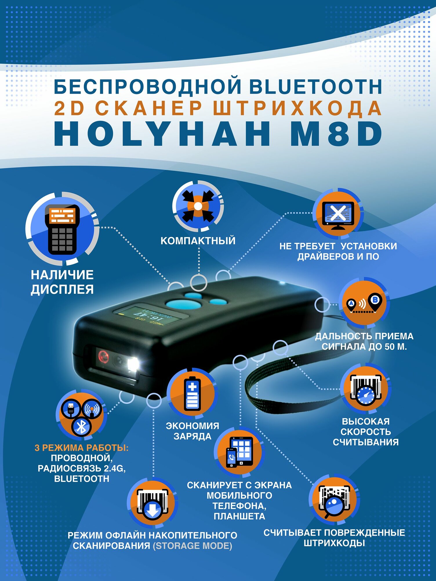 Компактный беспроводной Bluetooth 2D сканер штрихкода Holyhah M8D для маркировки, ПВЗ, Честный знак, QR, Эвотор, Атол, 1D (русская инструкция)
