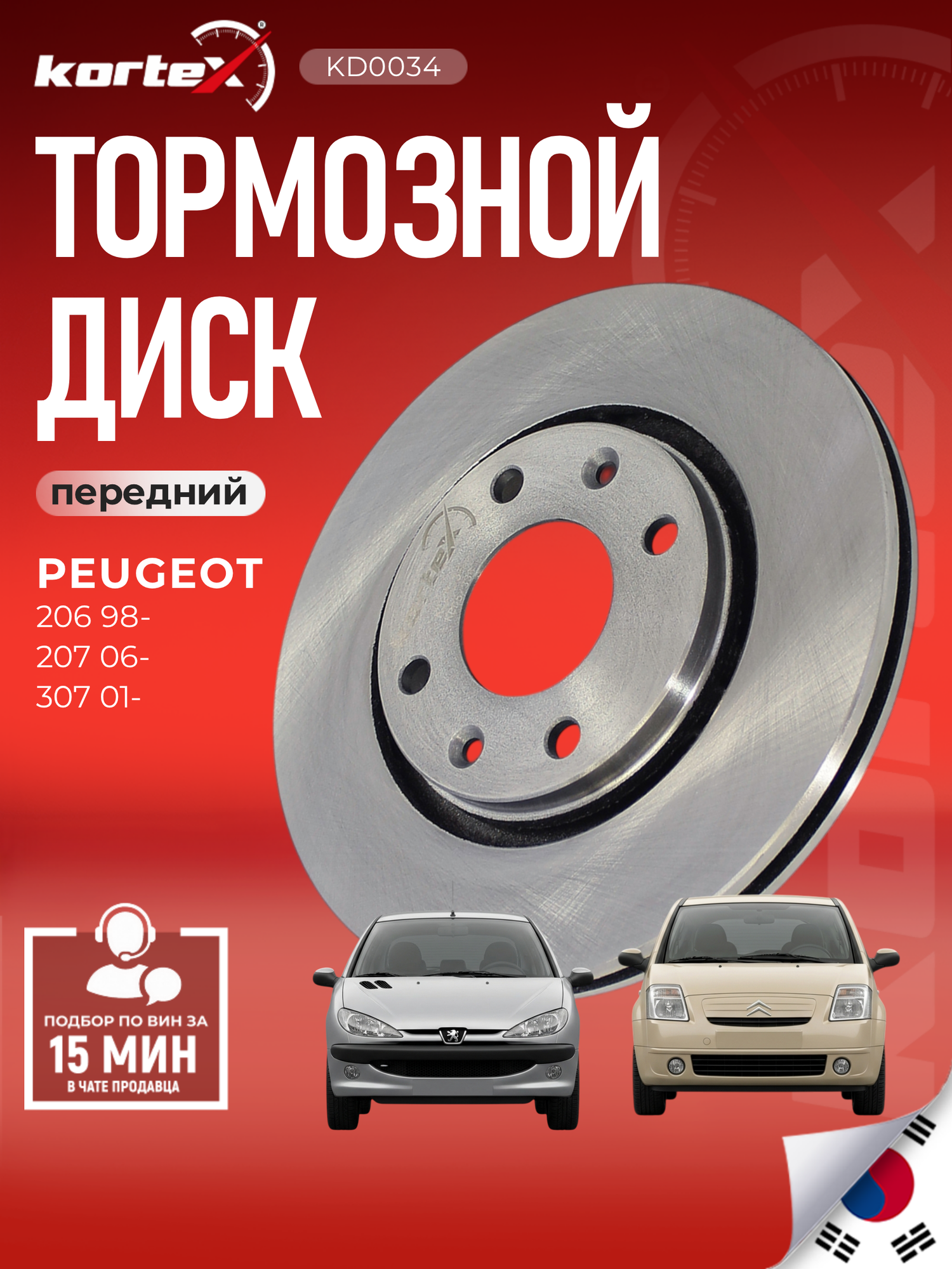 Диск тормозной Kortex для PEUGEOT 206 / 207 / 307 / PARTNER / CITROEN C2 / C3 / C4 / BERLINGO передний вентилируемый(d-266mm)