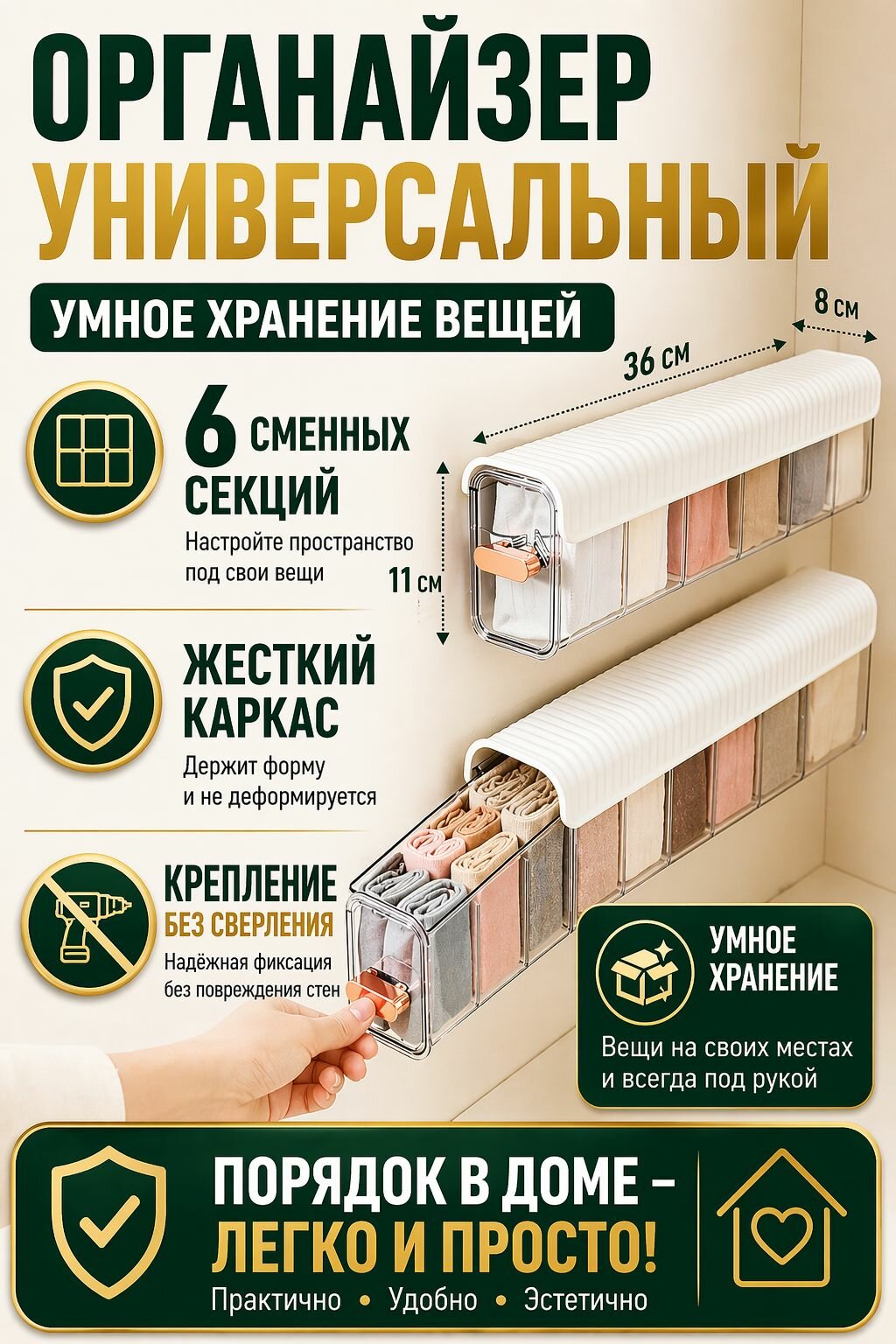 Органайзер для хранения вещей подвесной, нижнего белья, мелочей, проводов, в шкаф, 6 отсеков