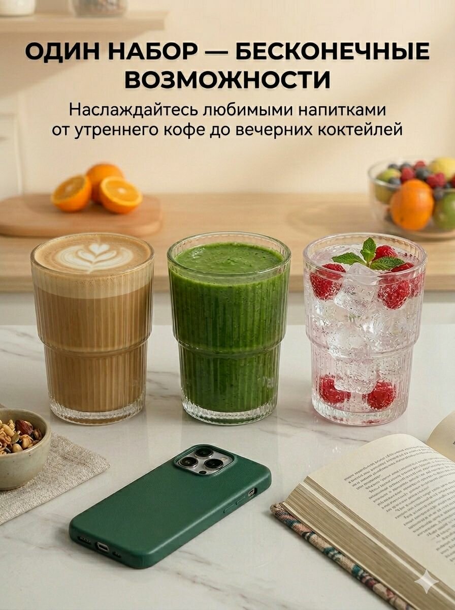 Набор стаканов для коктейлей 1 шт , высокие рифленые бокалы стеклянные для воды, сока и латте